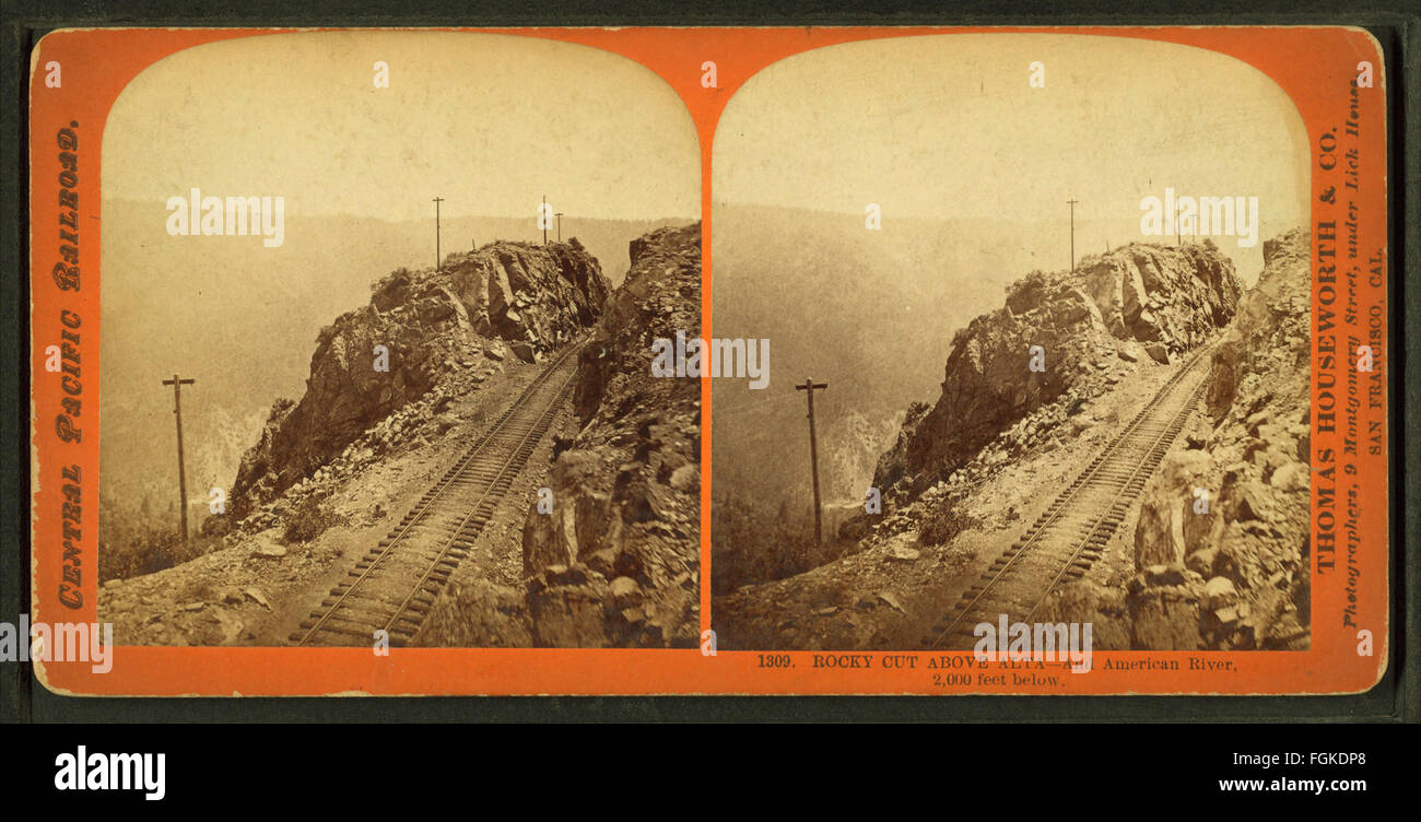 A photograph by Thomas Houseworth & Co. showing a dramatic rocky cut ...