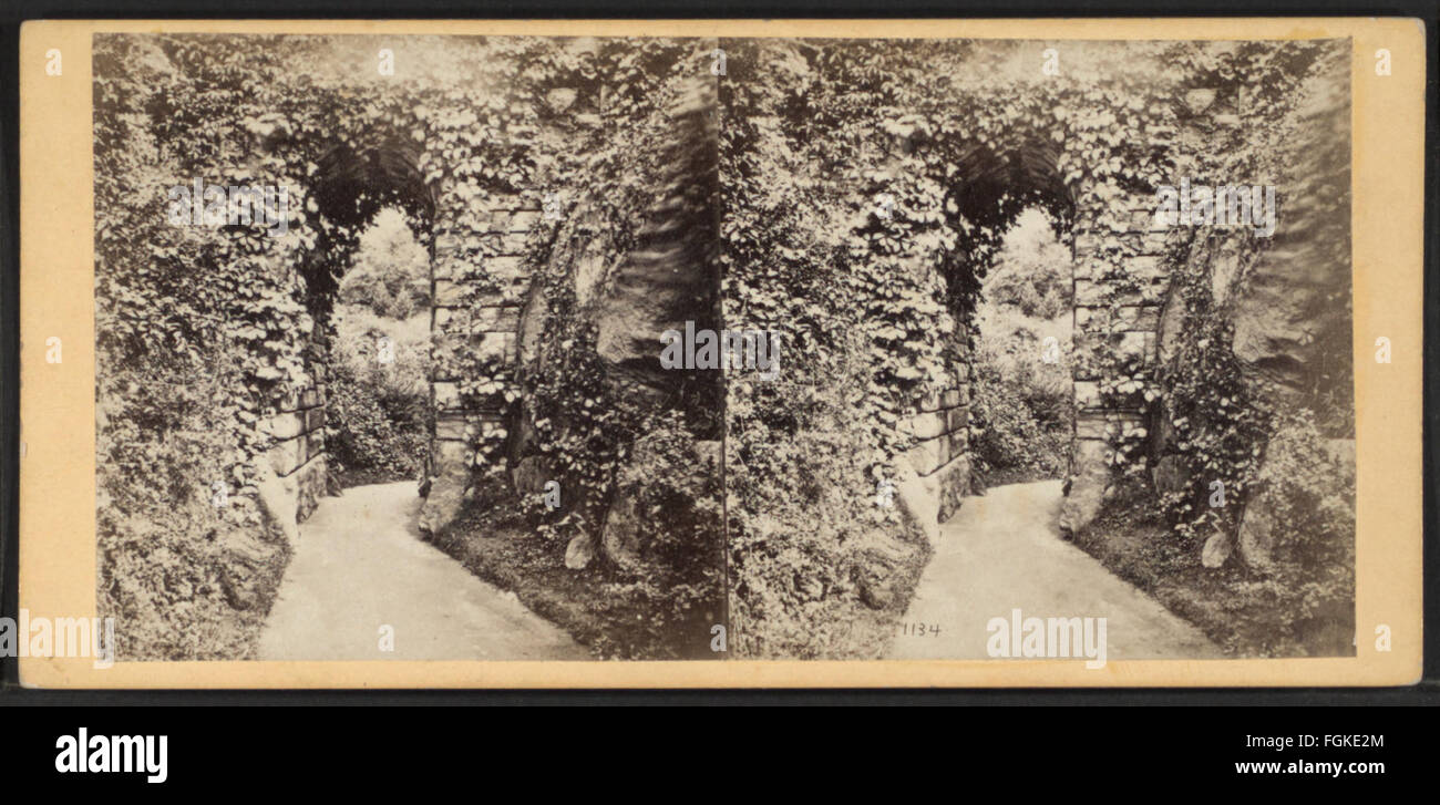 A photograph by T. C. Roche showing a rustic stone arch near a cave ...