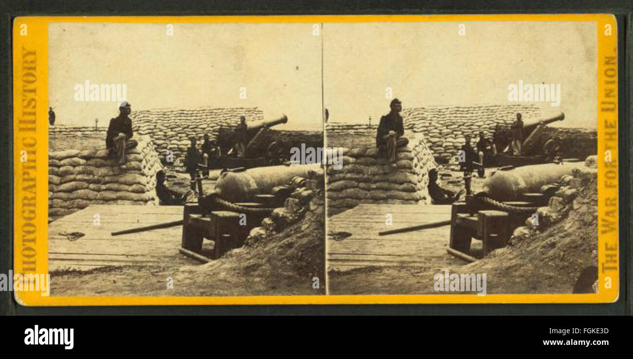 A photograph by Mathew B. Brady showing sandbag fortifications at ...