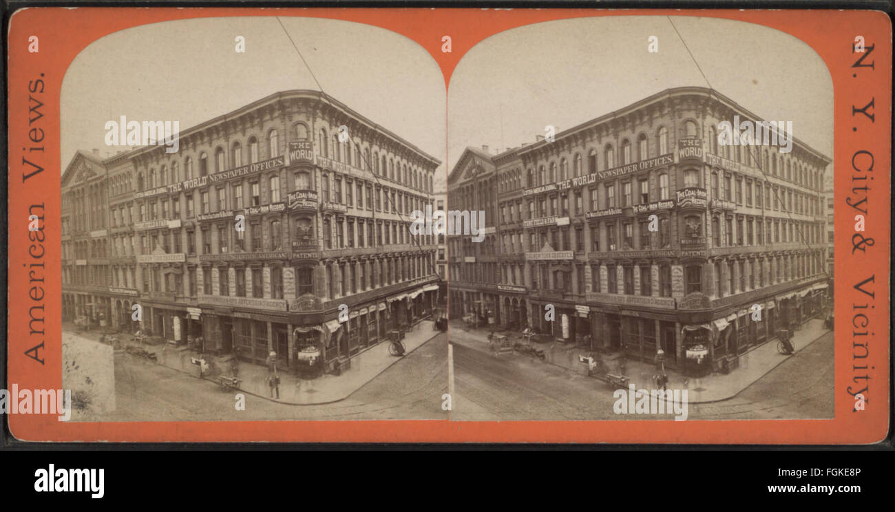 This stereoscopic view shows the Times and World buildings, iconic ...