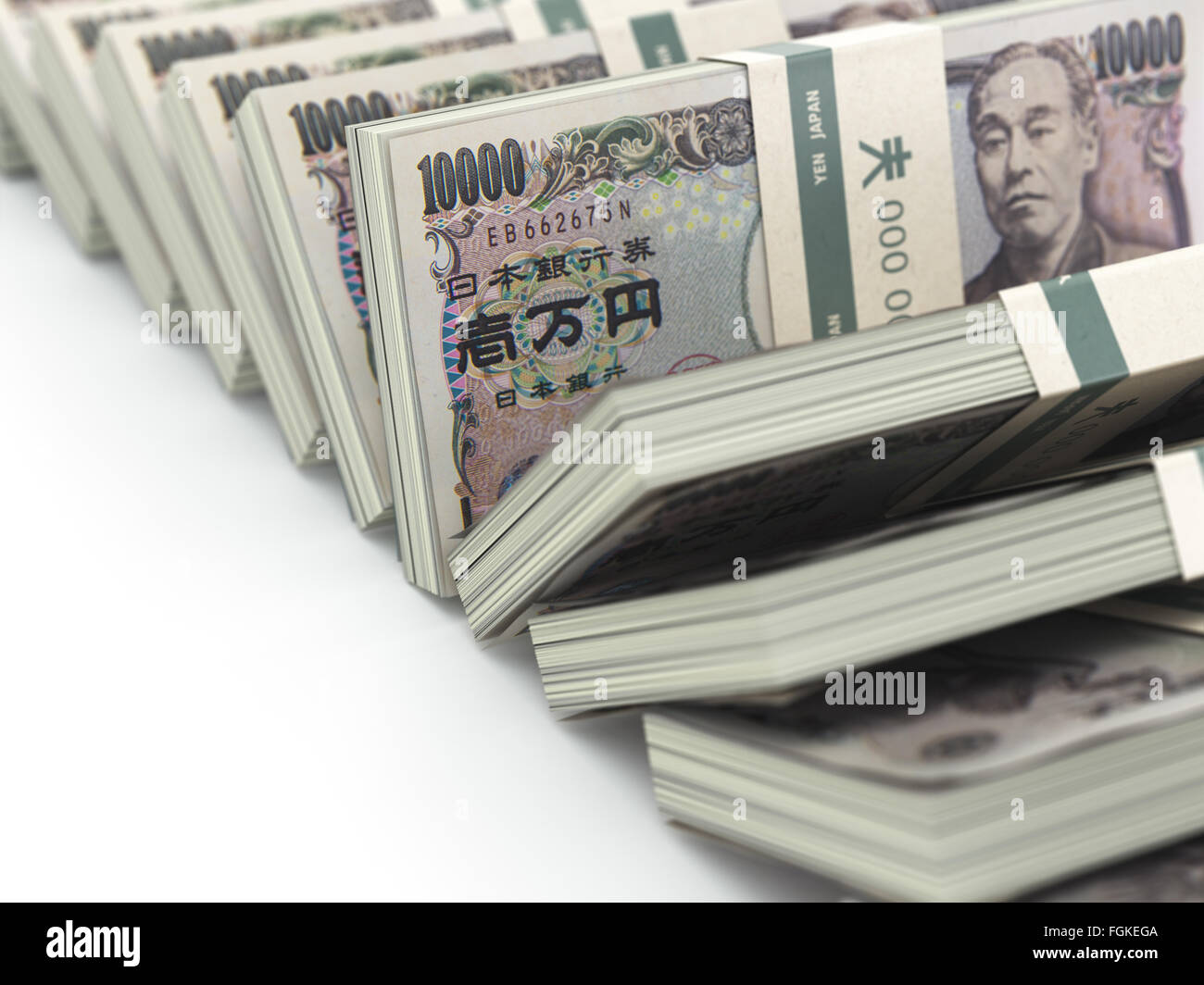 Row of japanese yen pack money on white background Stock Photo - Alamy