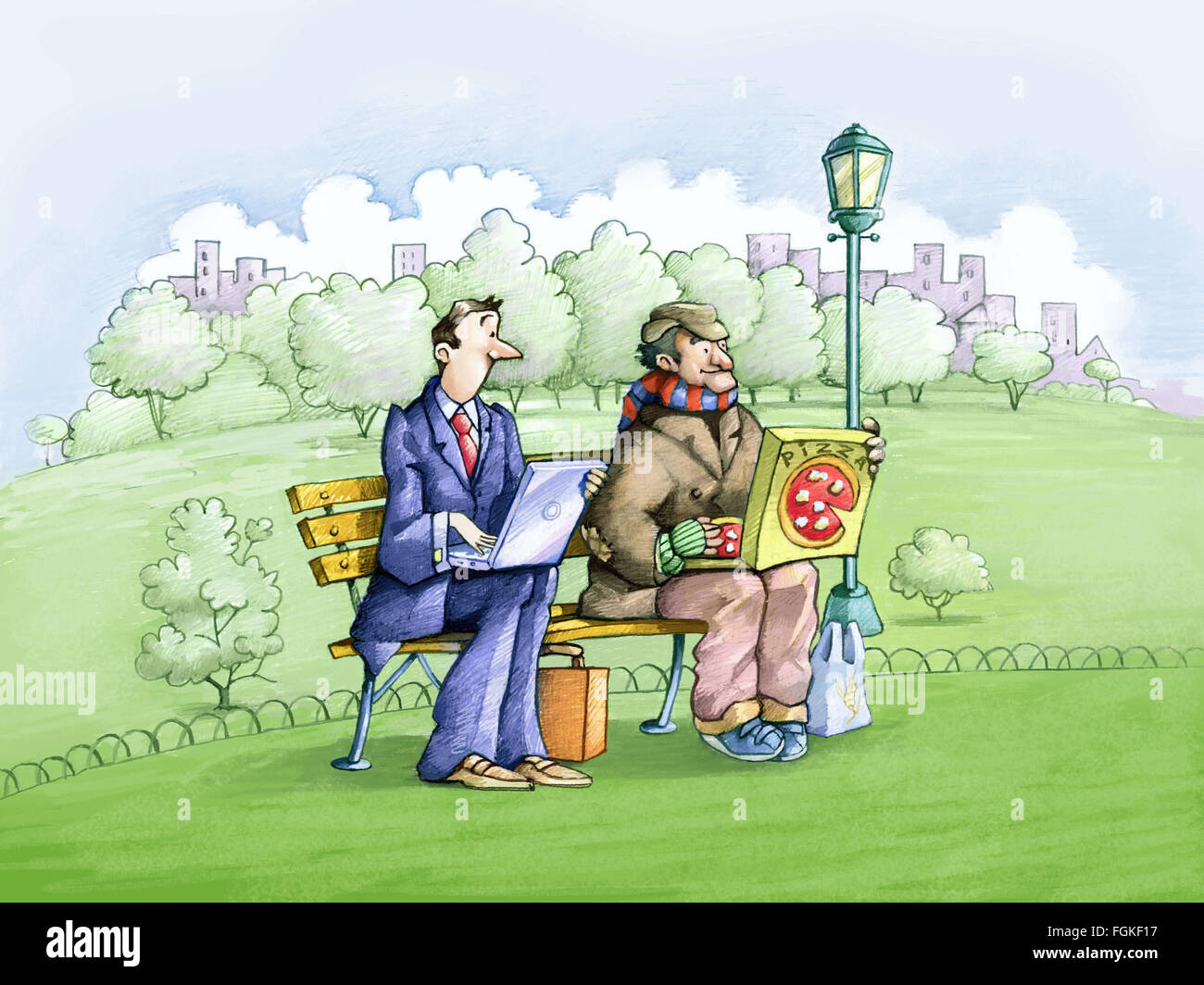 an employee and a homeless man sitting on a park bench, one computer on ...