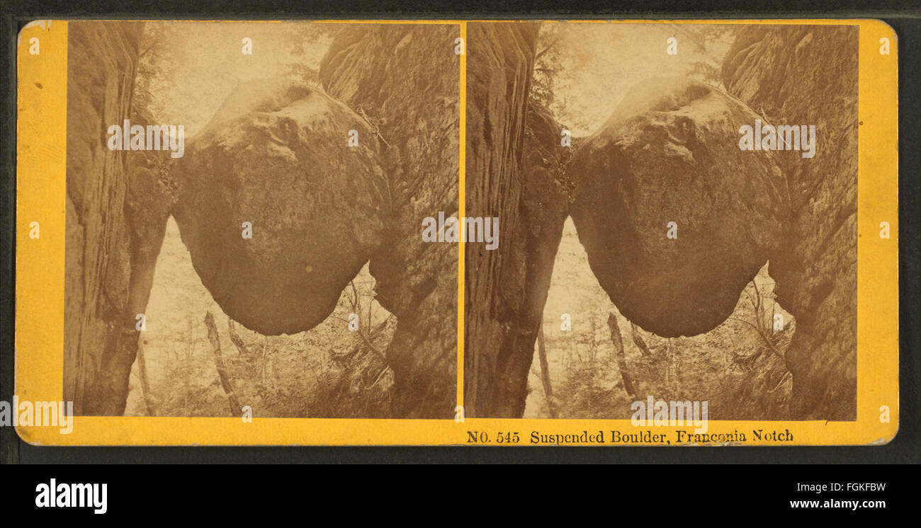 Image of the suspended boulder in the Flume at Franconia Notch, New ...