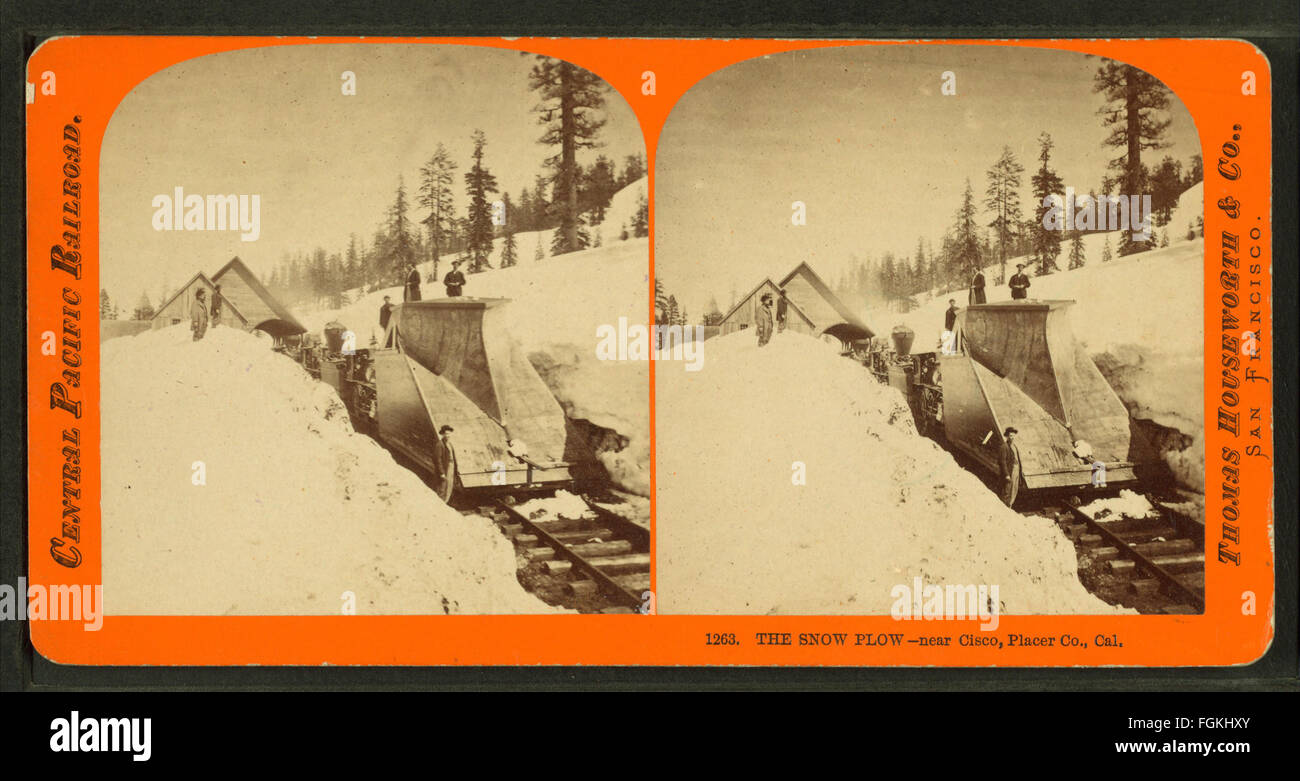 A photograph by Thomas Houseworth & Co. showing a snow plow in action ...
