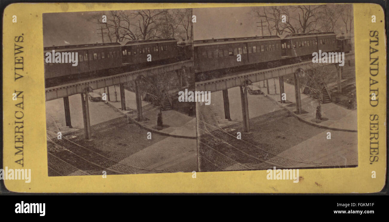 A historic stereoscopic view showing an elevated railway with a train ...