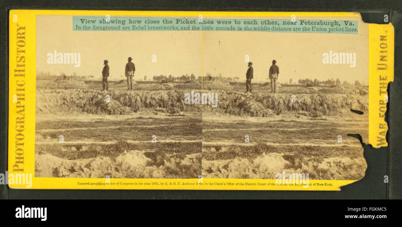 This historical stereoscopic view shows the proximity of picket lines ...