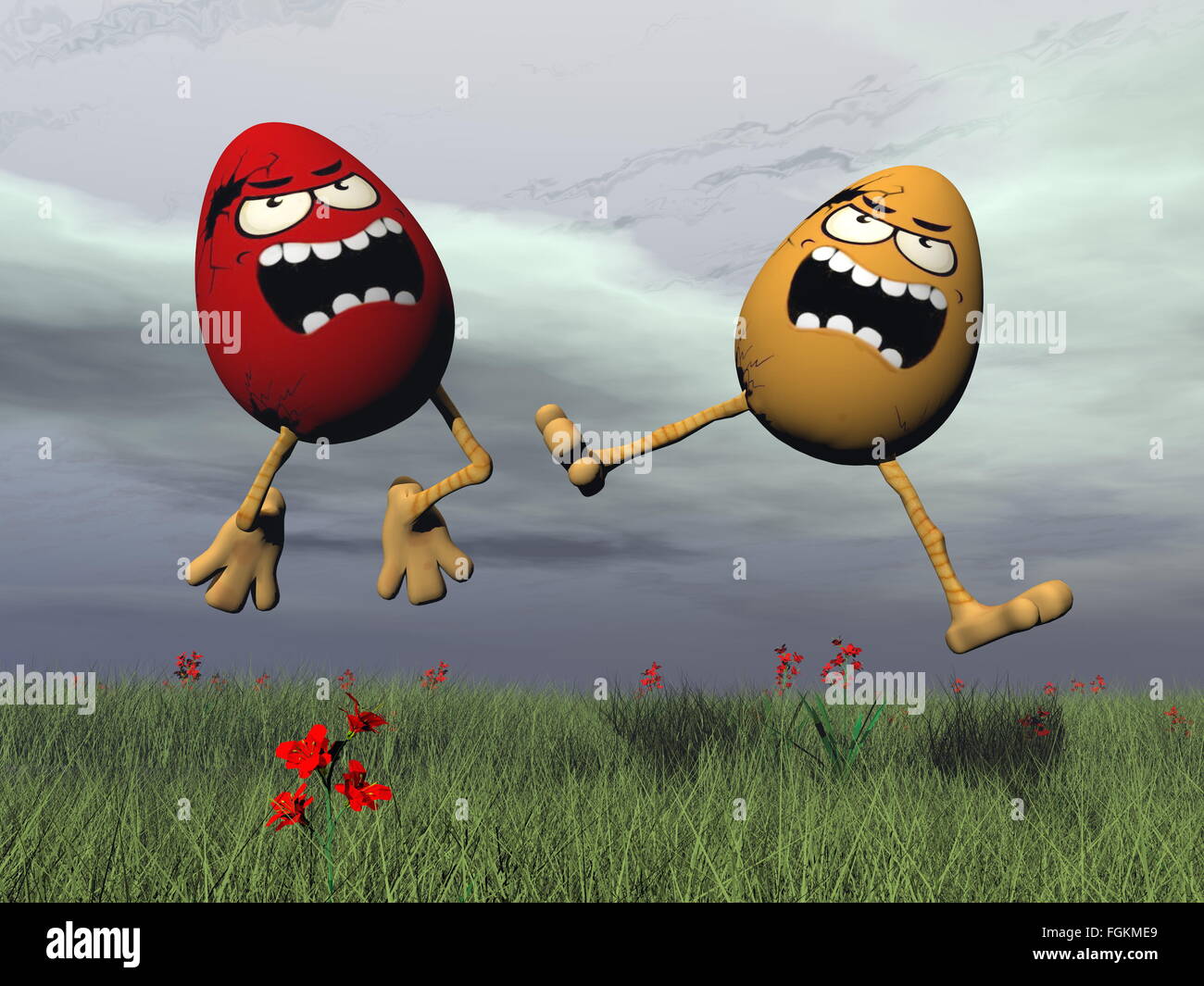 Two easter crazy eggs with yellow eyes and angry face jumping on the ...
