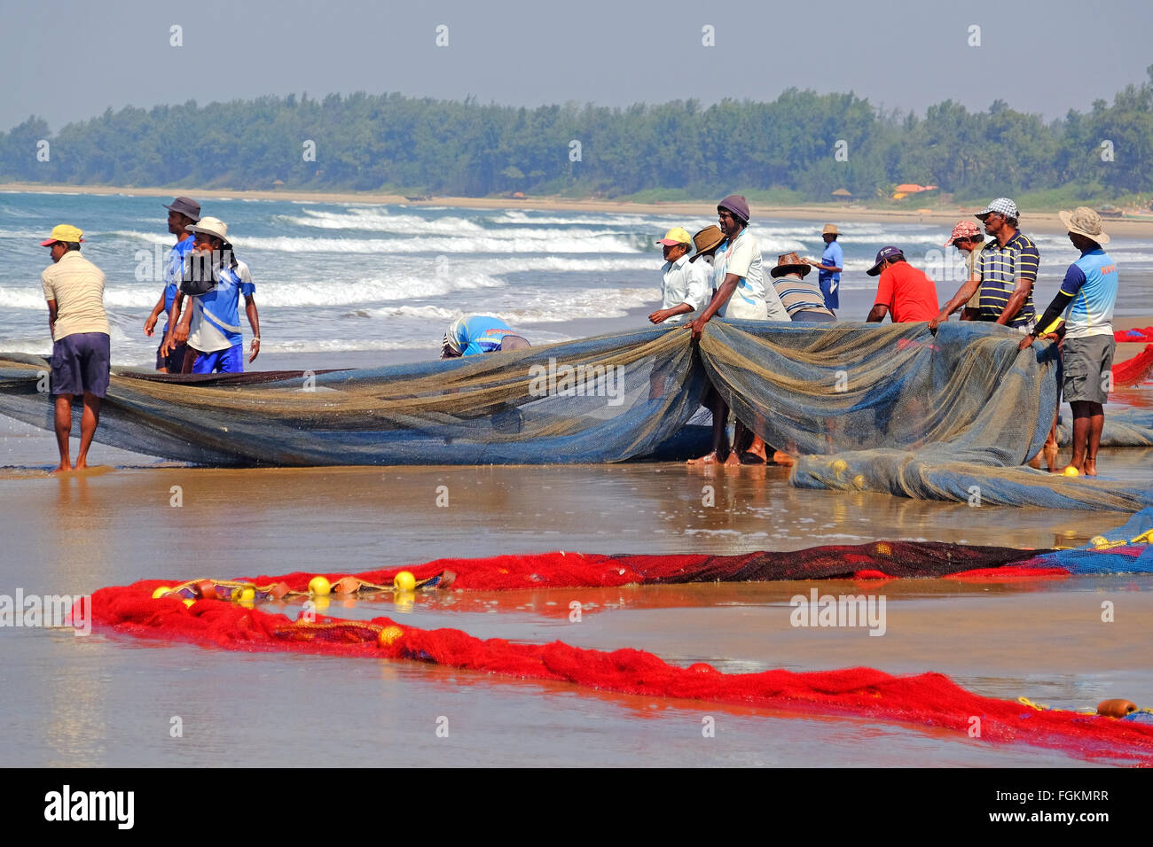 Fishermen hauling nets in on a beach in Maharashtra, South India Stock ...