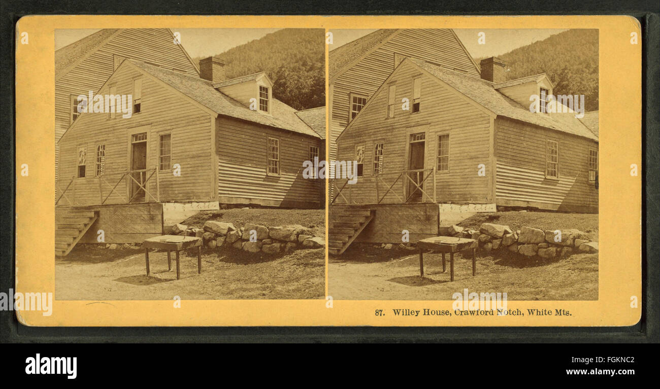 This stereoscopic view shows the Willey House located in Crawford Notch ...