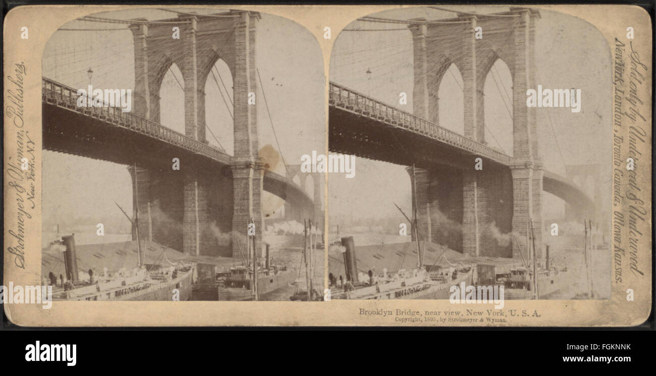 This historical photograph of the Brooklyn Bridge shows a close-up view ...