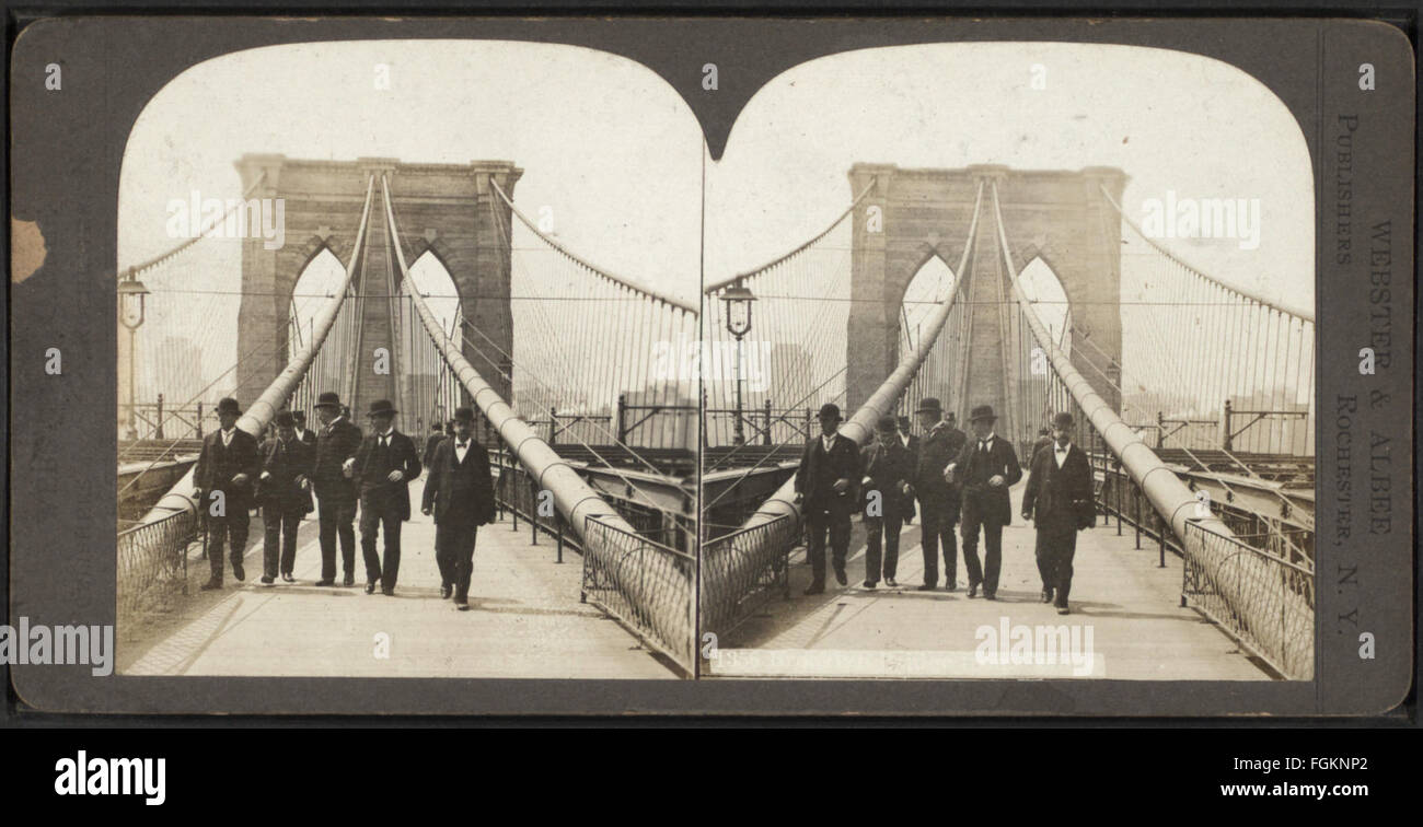 This vintage stereoscopic photograph of the Brooklyn Bridge promenade ...