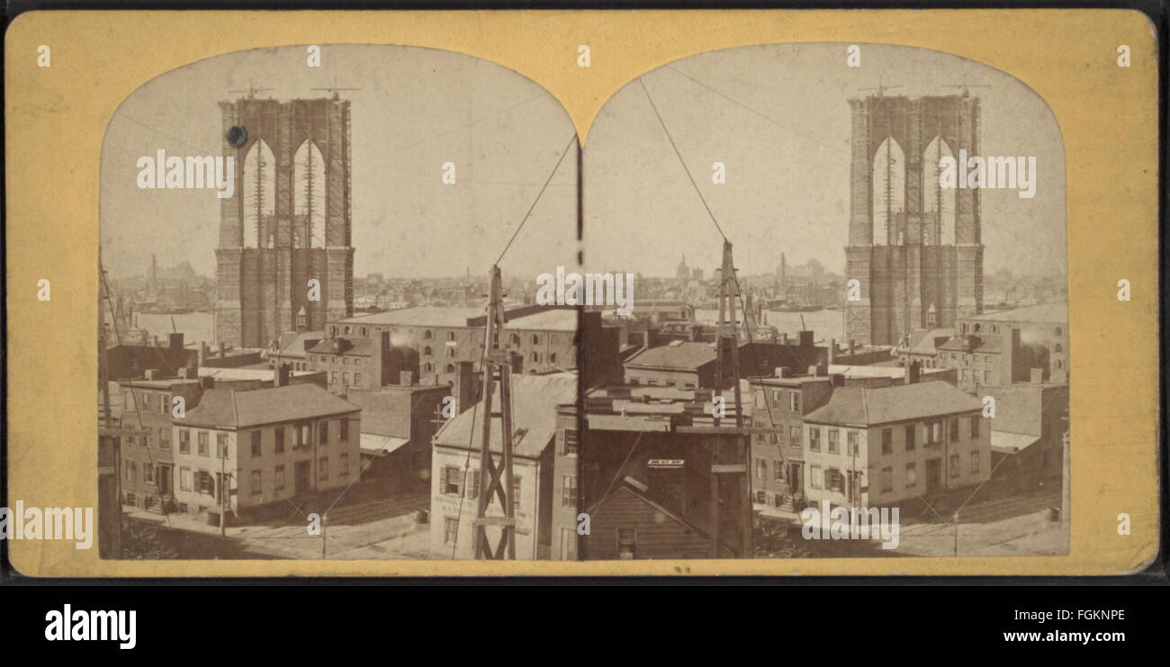 The Brooklyn Bridge tower during its construction, captured in a ...