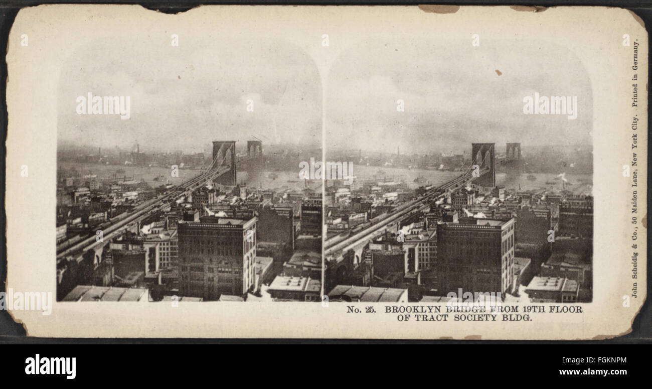 This vintage stereoscopic photograph captures the Brooklyn Bridge from ...