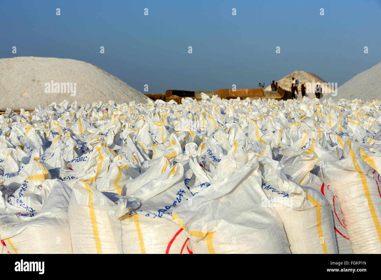 Non-recognizable men work in the saltworks by water evaporation-salt ...