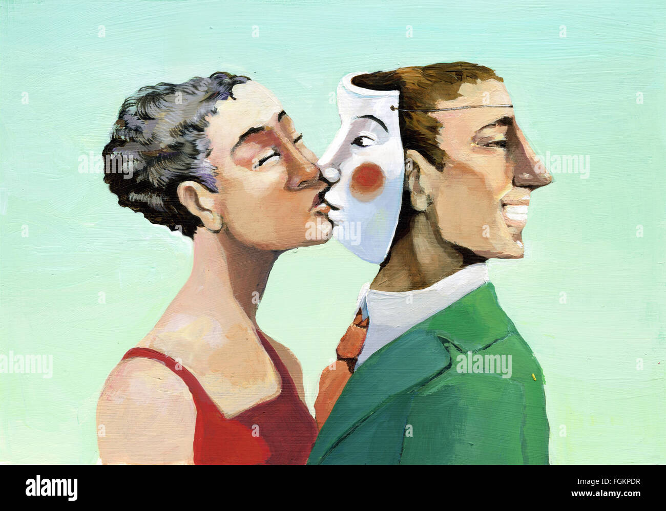 a woman kissing a mask instead of the man who has turned Stock Photo ...