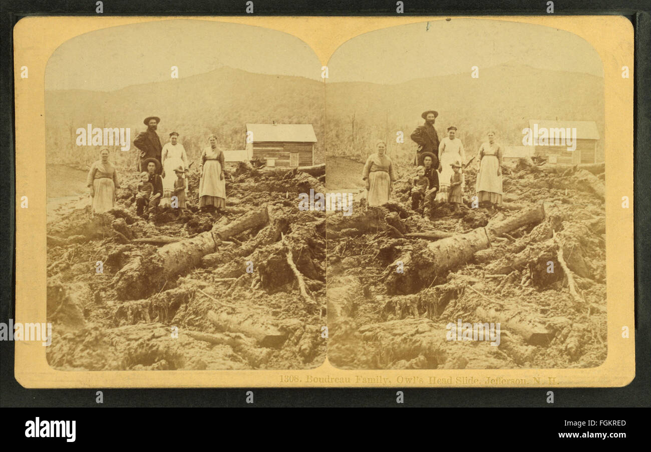 This stereoscopic photograph shows the Bourdeau Family at Owl's Head ...