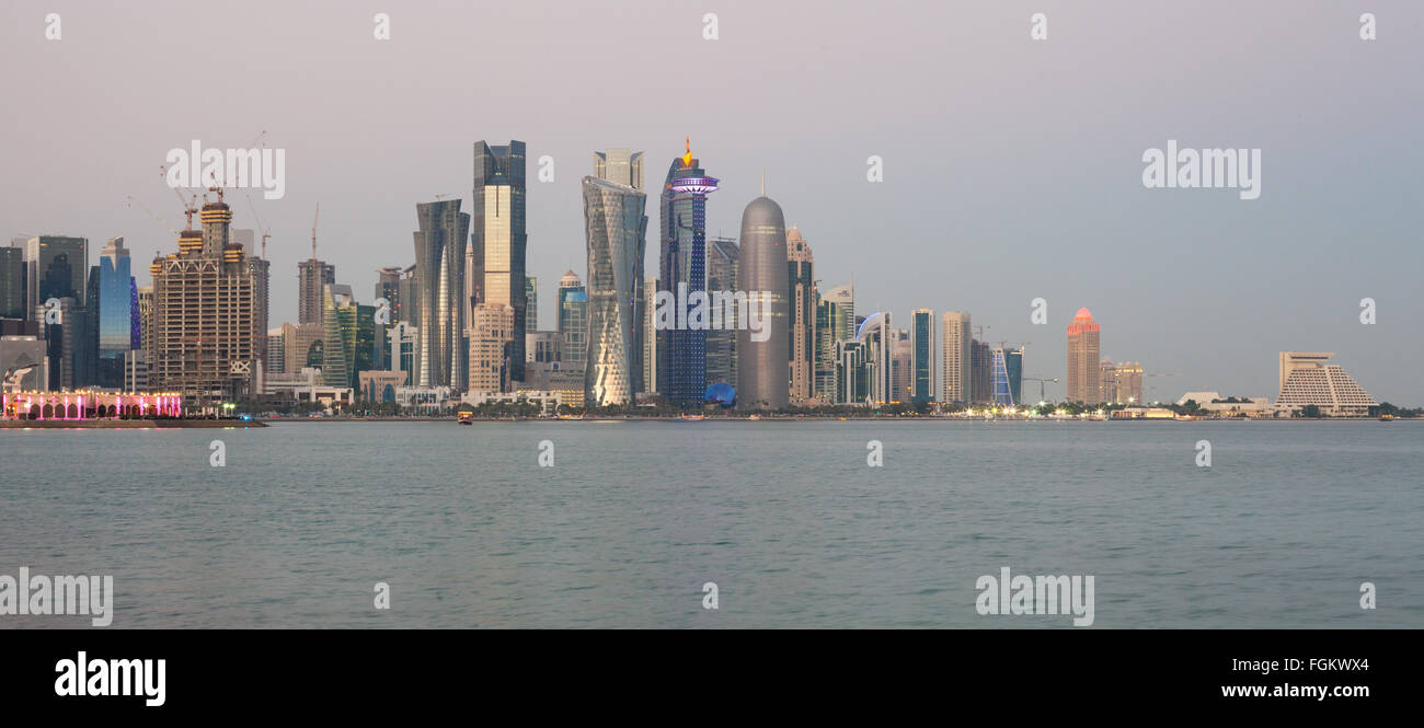 Dusk view of Financial district and West Bay areas of Doha, Qatar ...
