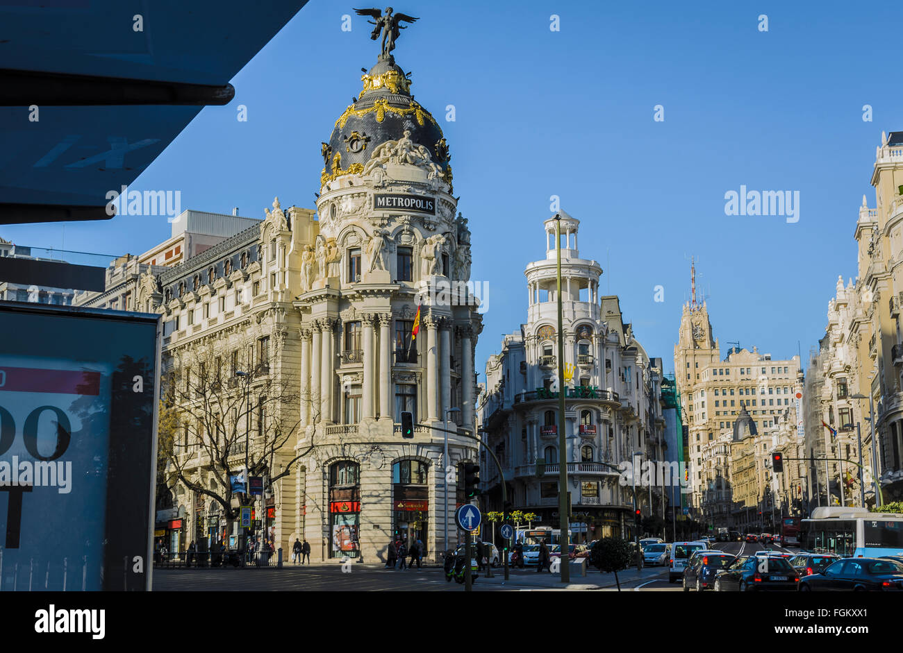 View of a bus stop lateral in Gran Via street, Madrid city, Spain Stock ...