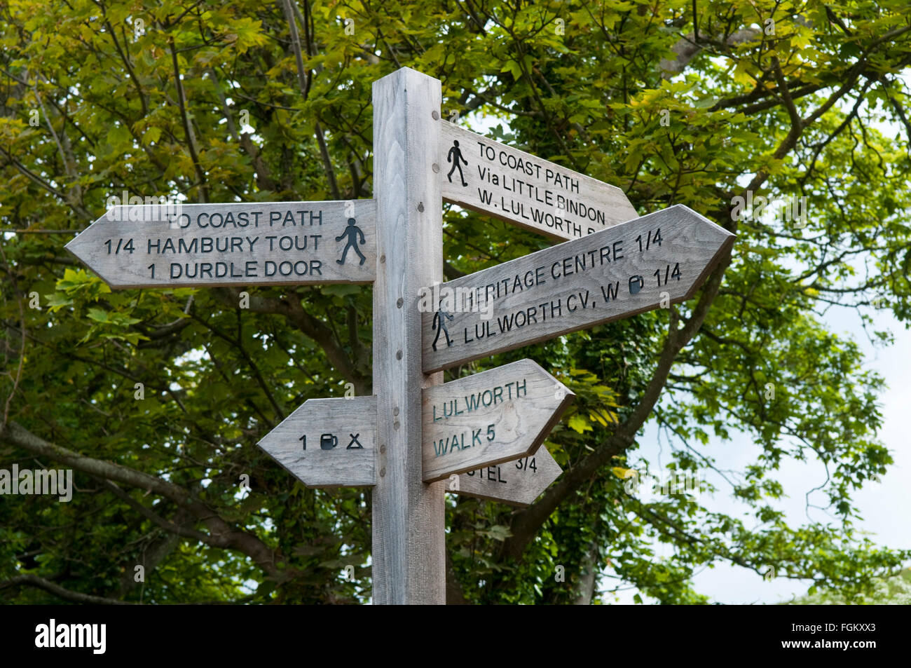 Wooden signpost in showing directions to walking paths around West ...