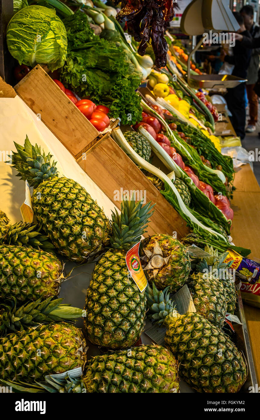 Vertical view of fruits in the Saint Michel market, Madrid city, Spain ...