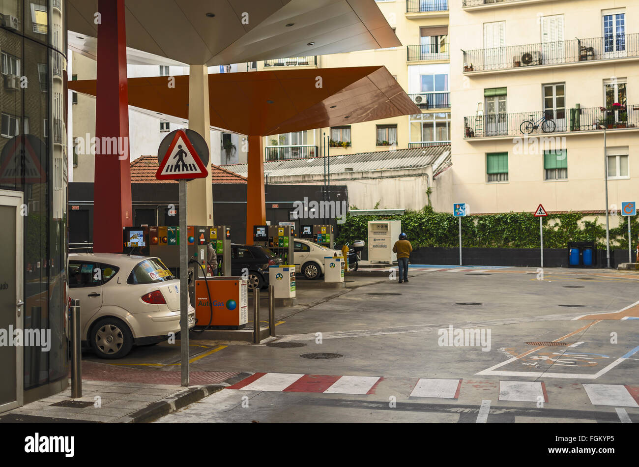 View of a petrol station in a central street of Madrid city, Spain ...