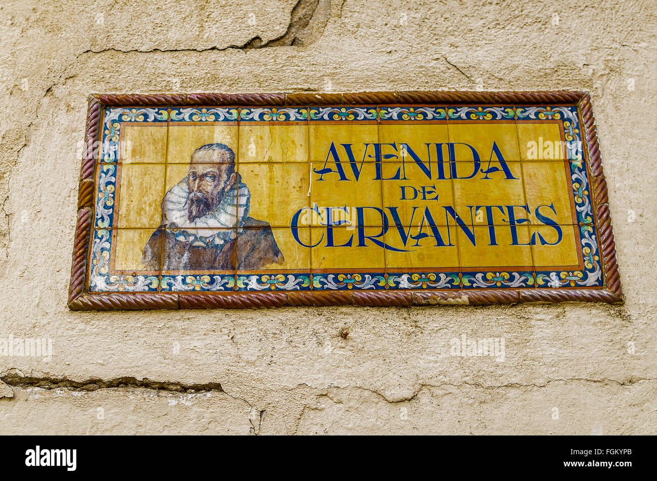 A plate street in a wall of El Pardo village, Madrid province, Spain ...