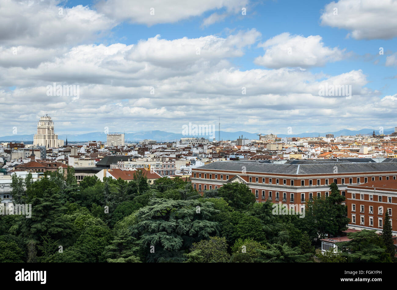View of a red buildings from Cibeles Palace, Madrid city, Spain Stock ...