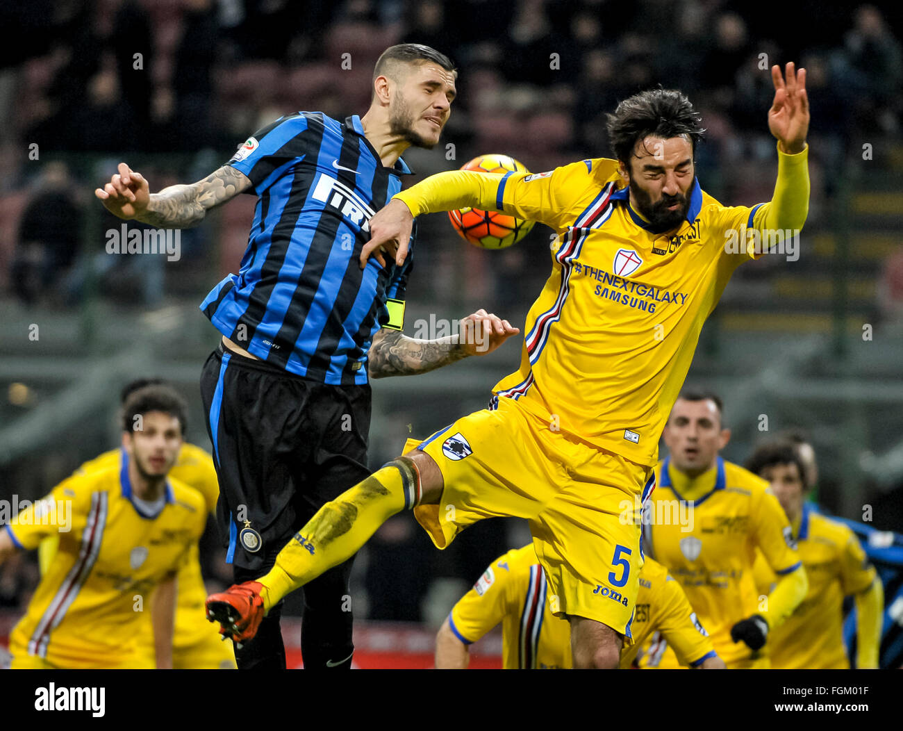Milan, Italy. 20th Feb, 2016. Mauro Icardi (left) and Mattia Cassani ...