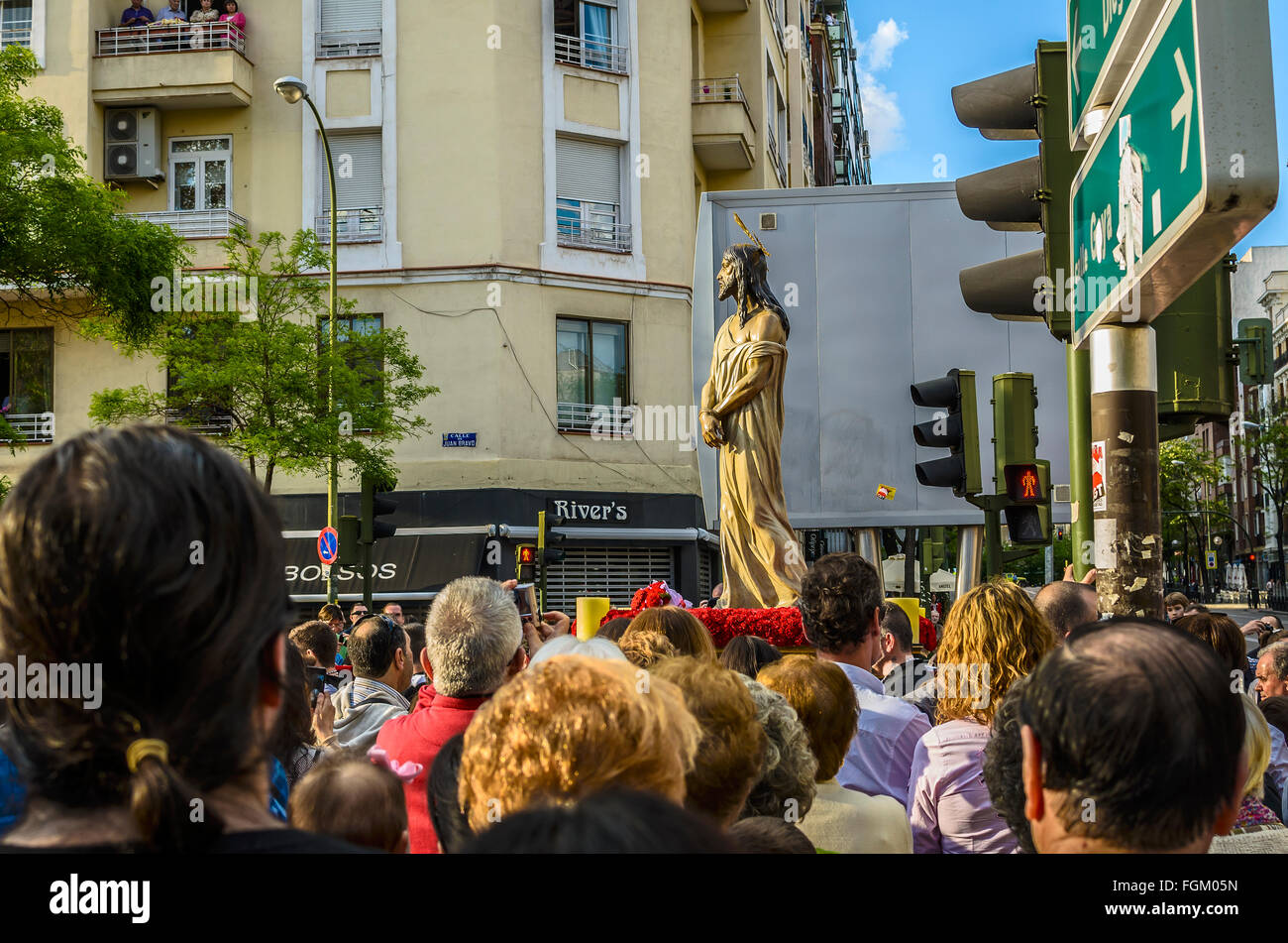 A Jesus statue running in procession by Madrid city, Spain Stock Photo ...