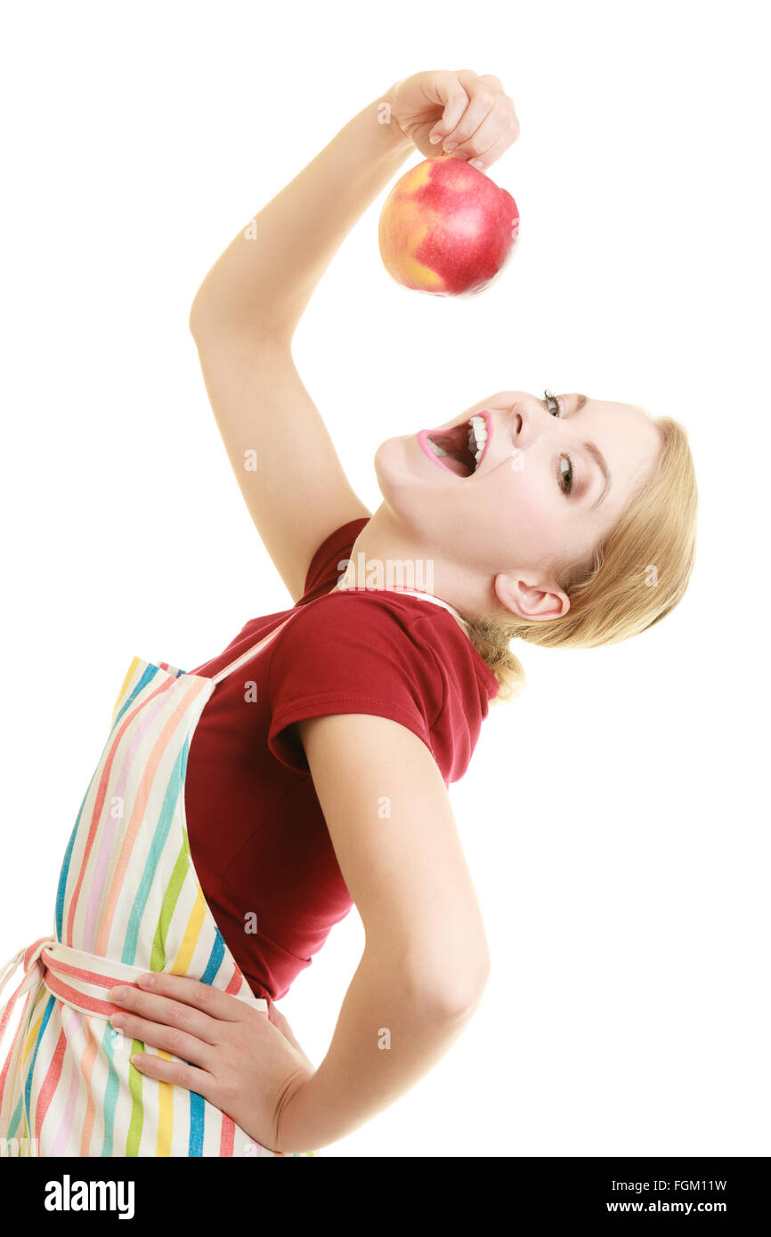 Diet and nutrition. Funny housewife or chef in striped kitchen apron ...