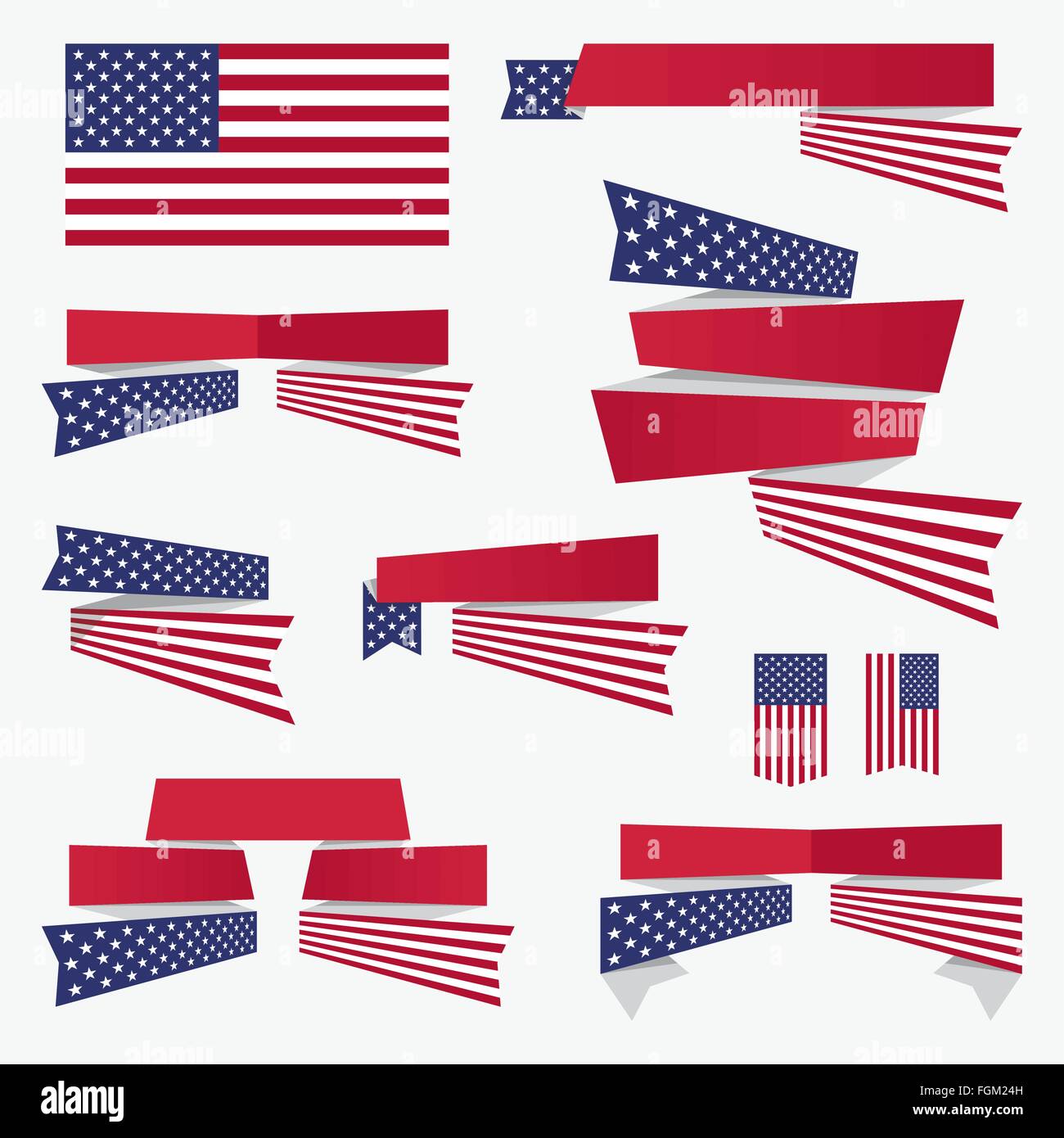 Set of American USA flag, banners, badges and ribbons patriotic design ...