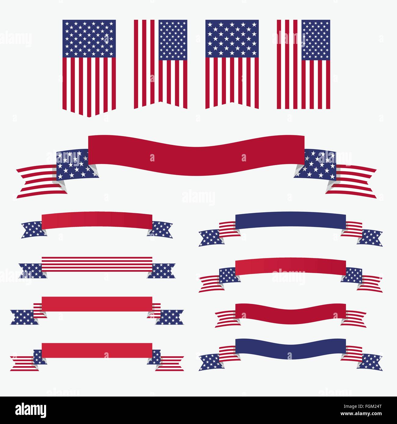 Set of American USA flag, banners, badges and ribbons patriotic design ...