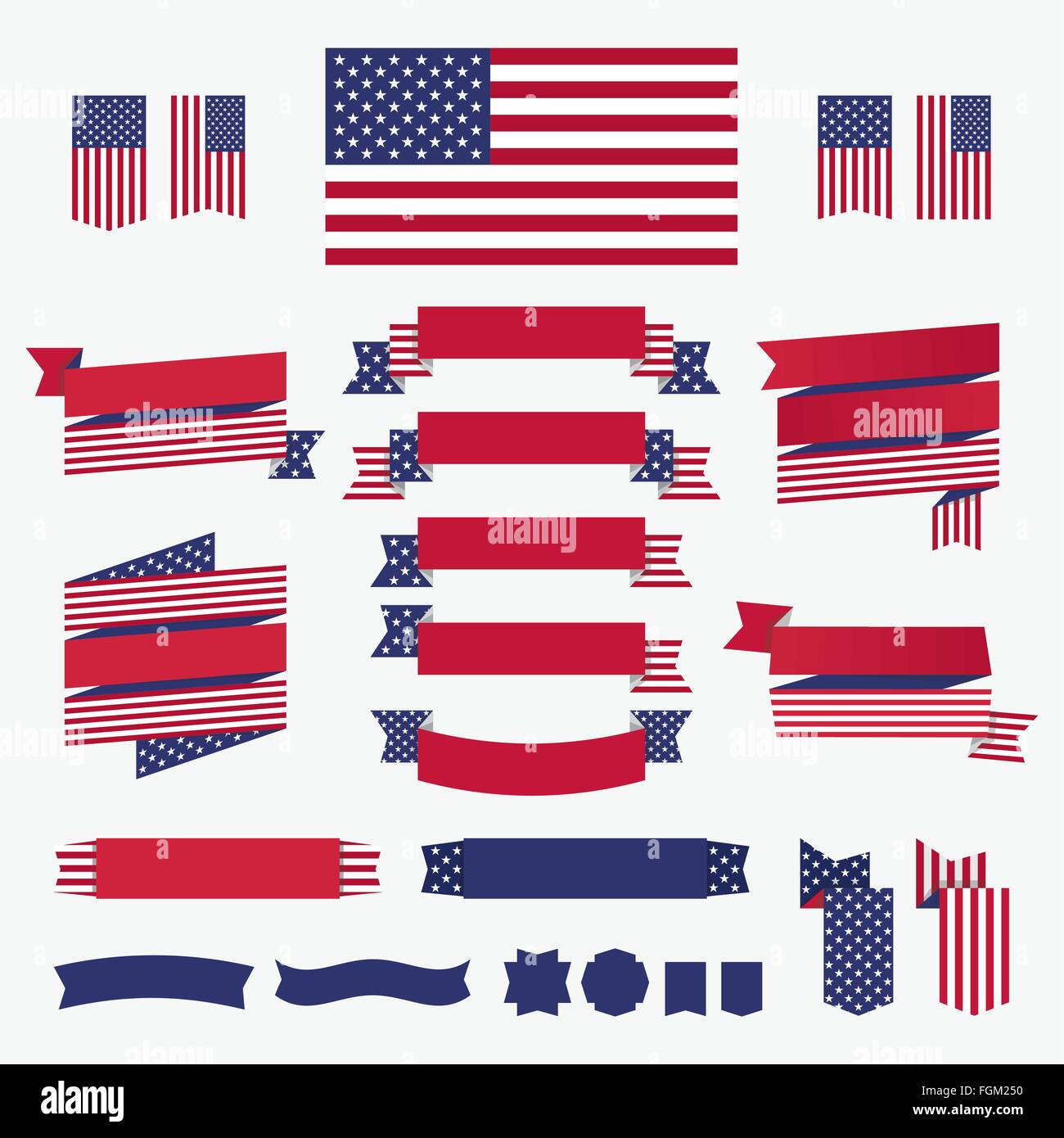 Set of American USA flag, banners, badges and ribbons patriotic design ...