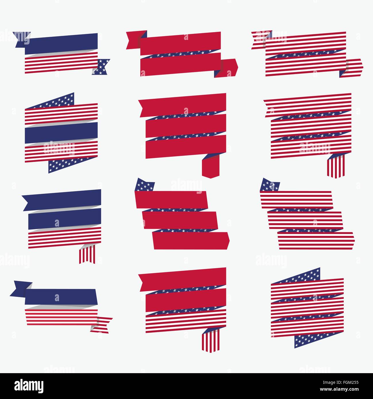 Set of American USA flag, banners, badges and ribbons patriotic design ...