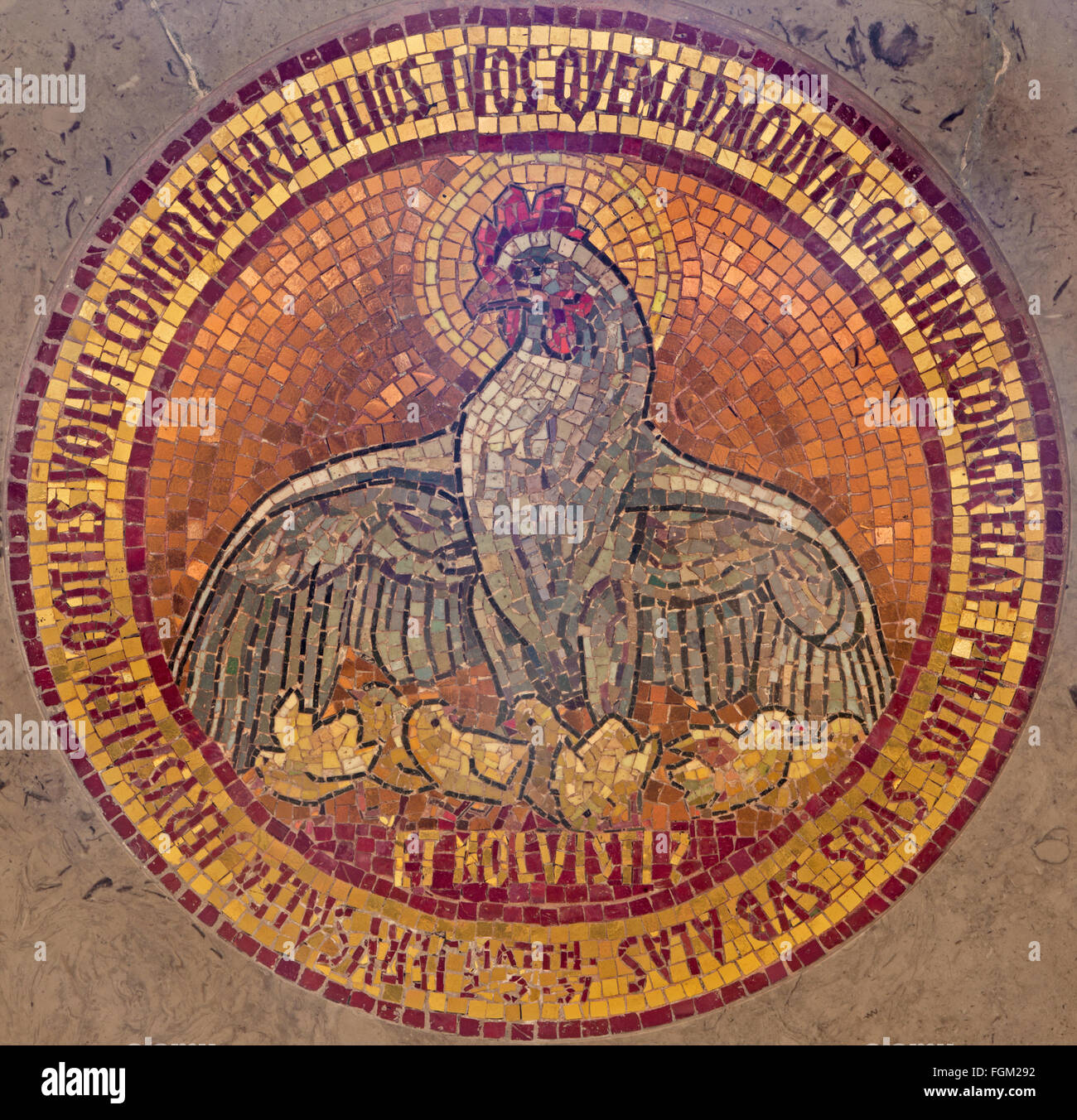 JERUSALEM, ISRAEL - MARCH 3, 2015: The mosaic of broody hen and ...