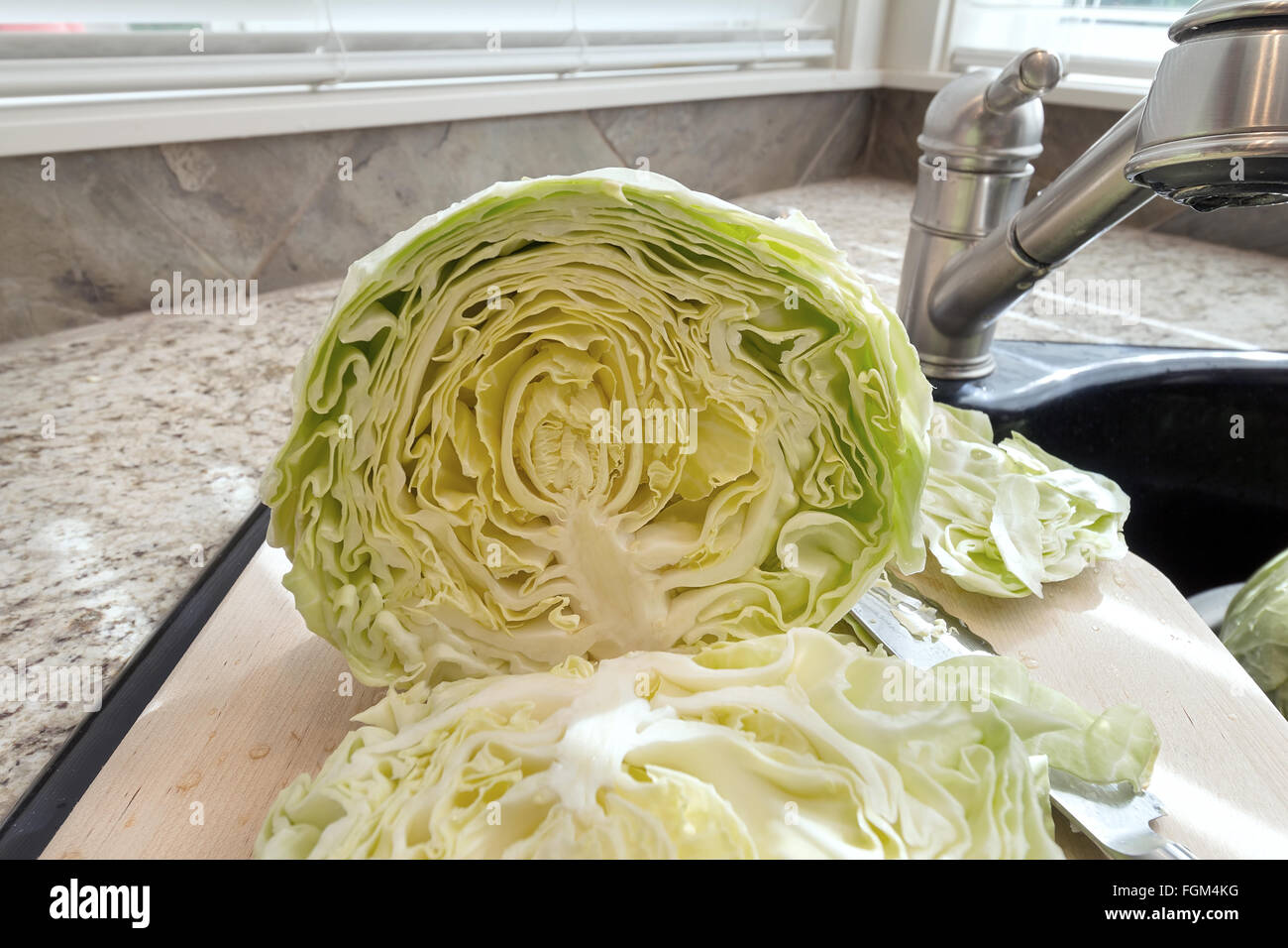 Cross Section of Cut Cabbage Head on Chopping Board over Kitchen Sink ...