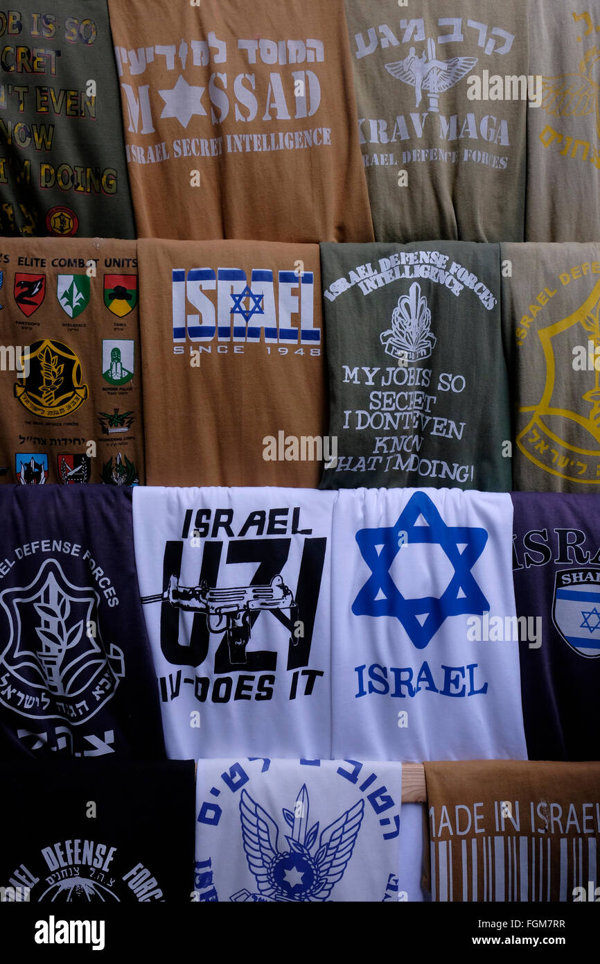 Collection of T- shirt souvenirs with pro Israeli motif for sale in the ...