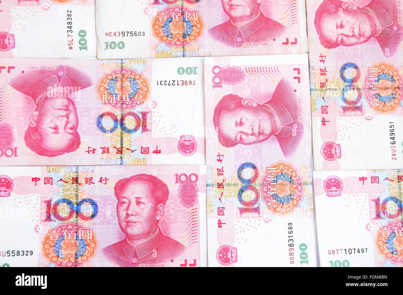 Chinese currency, Yuan, hundred RMB. Colorful photo of same banknotes ...