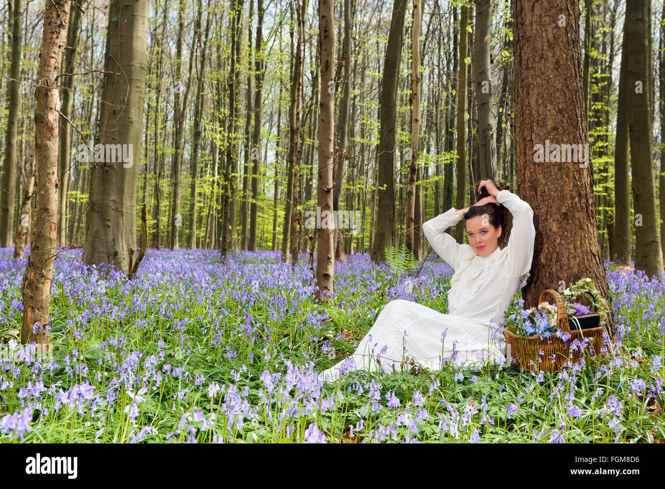 Victorian woman in white dress in a springtime bluebells forest Stock ...