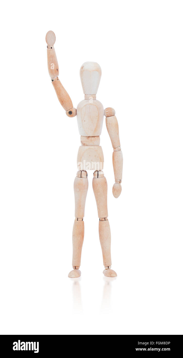 Wooden dummy man waving hello on white background Stock Photo - Alamy