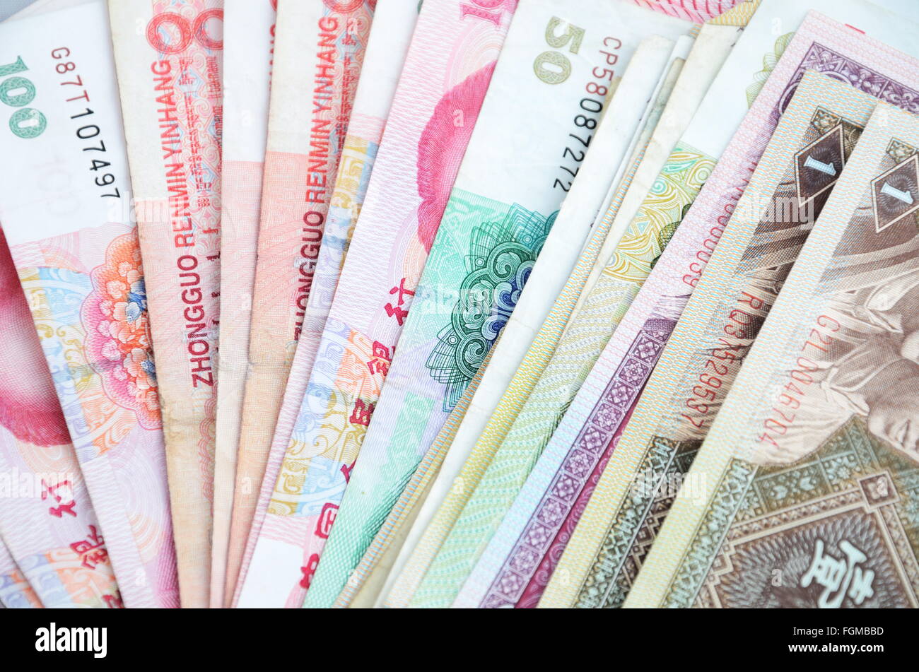Chinese currency, Yuan, RMB. Colorful photo of different banknotes with ...