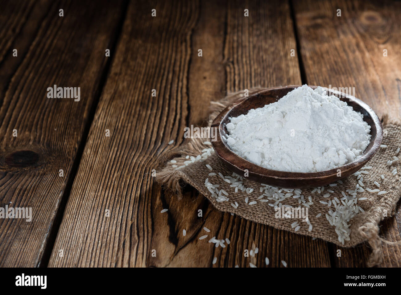 Rice Flour (close-up shot) on vintage wooden background Stock Photo - Alamy