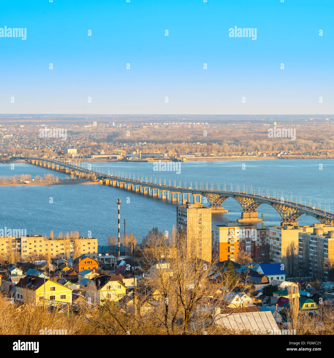 beautiful landscape of river Volga with view bridge on Saratov and ...