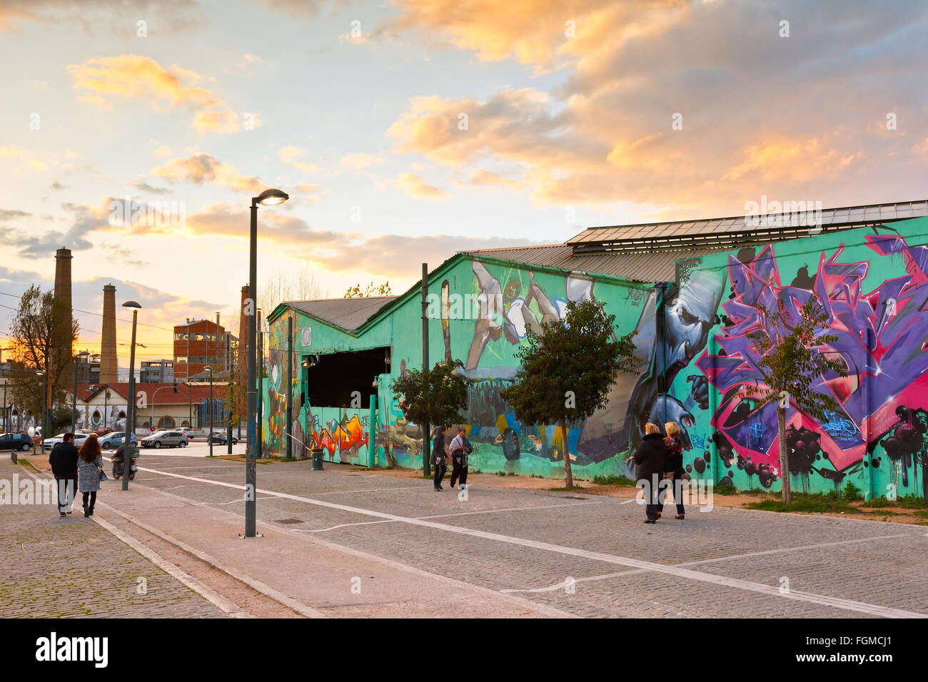 Street art on the building of trolleybus depot in the centre of Athens ...