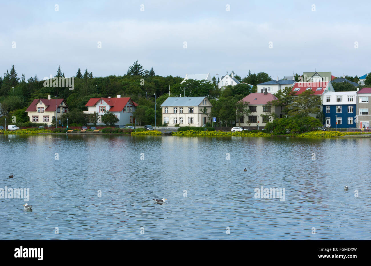 Reykjavik Iceland Arctic downtown Tjornin Lake colorful homes on lake ...