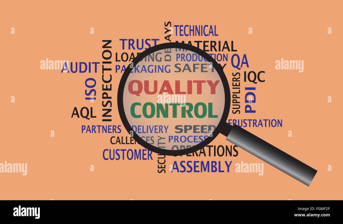 Quality Control with word background and magnifier glass Stock Vector ...