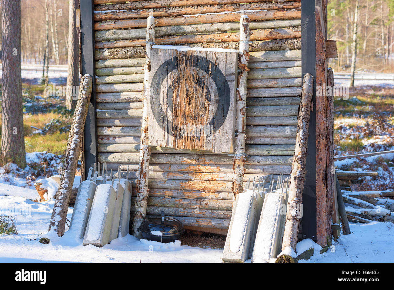 A well used axe throwing target in winter. Target is gnarled and full ...
