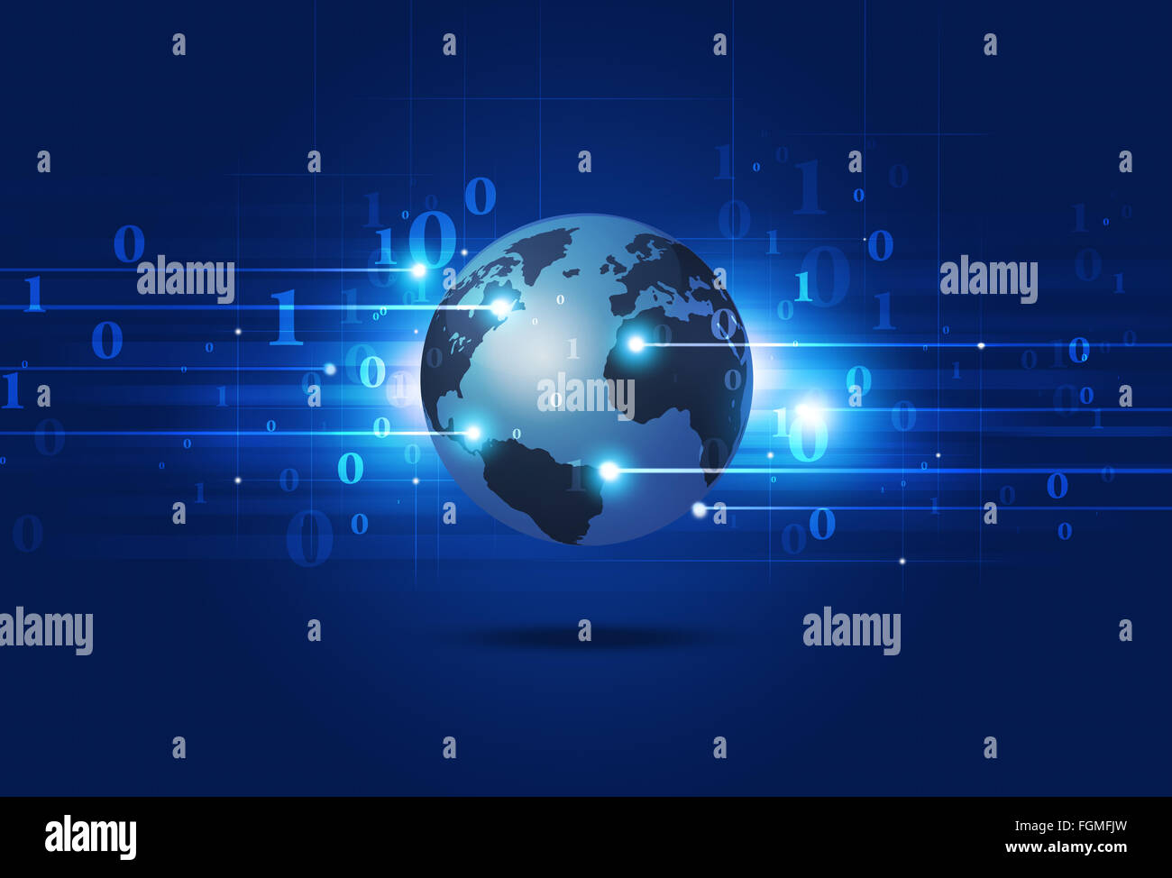 abstract technology binary code and world map on blue background Stock ...