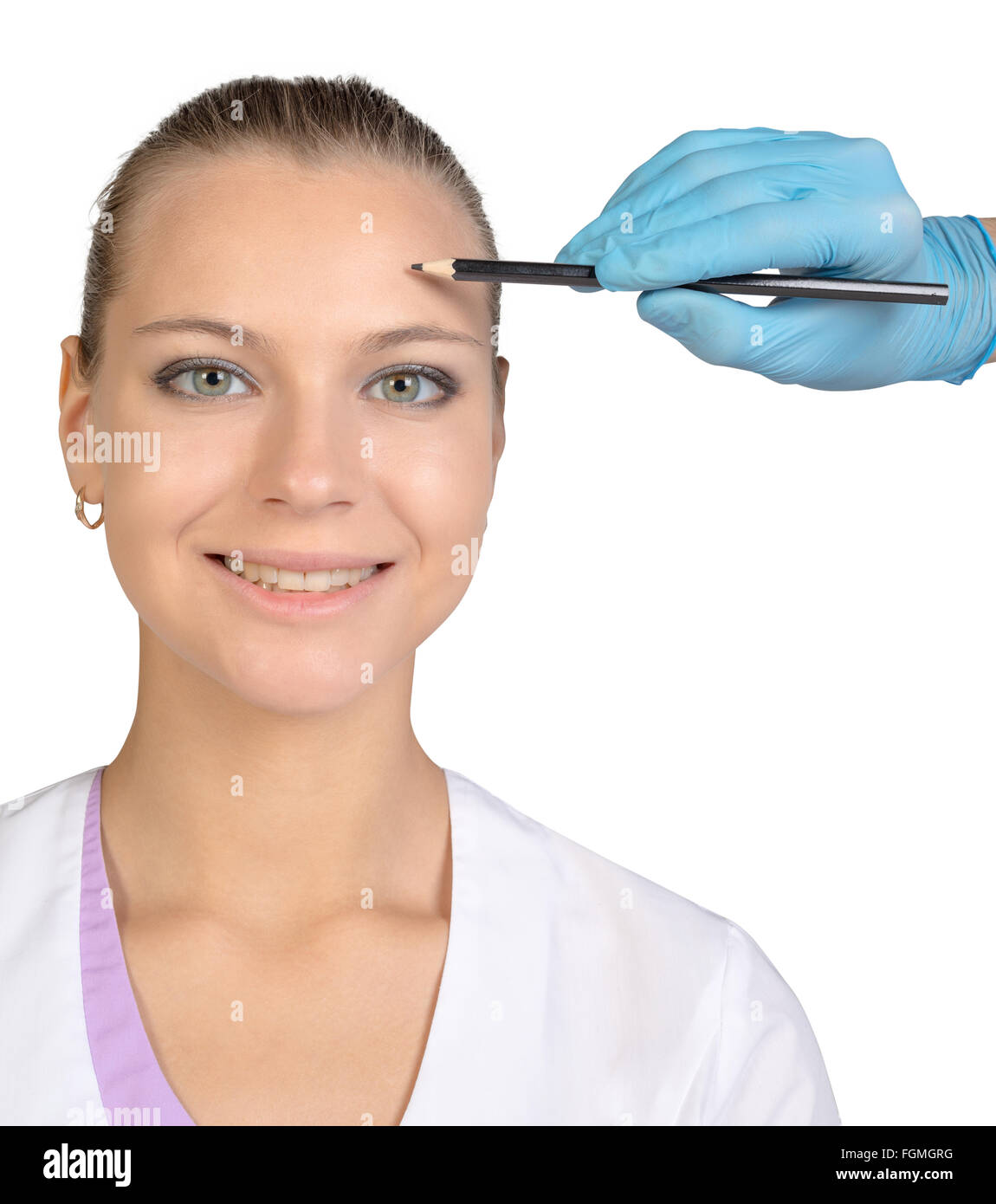 Beauty Woman face surgery making marks on close up portrait. Female ...