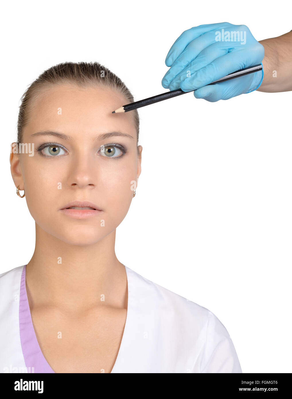 Beauty Woman face surgery making marks on close up portrait. Female ...